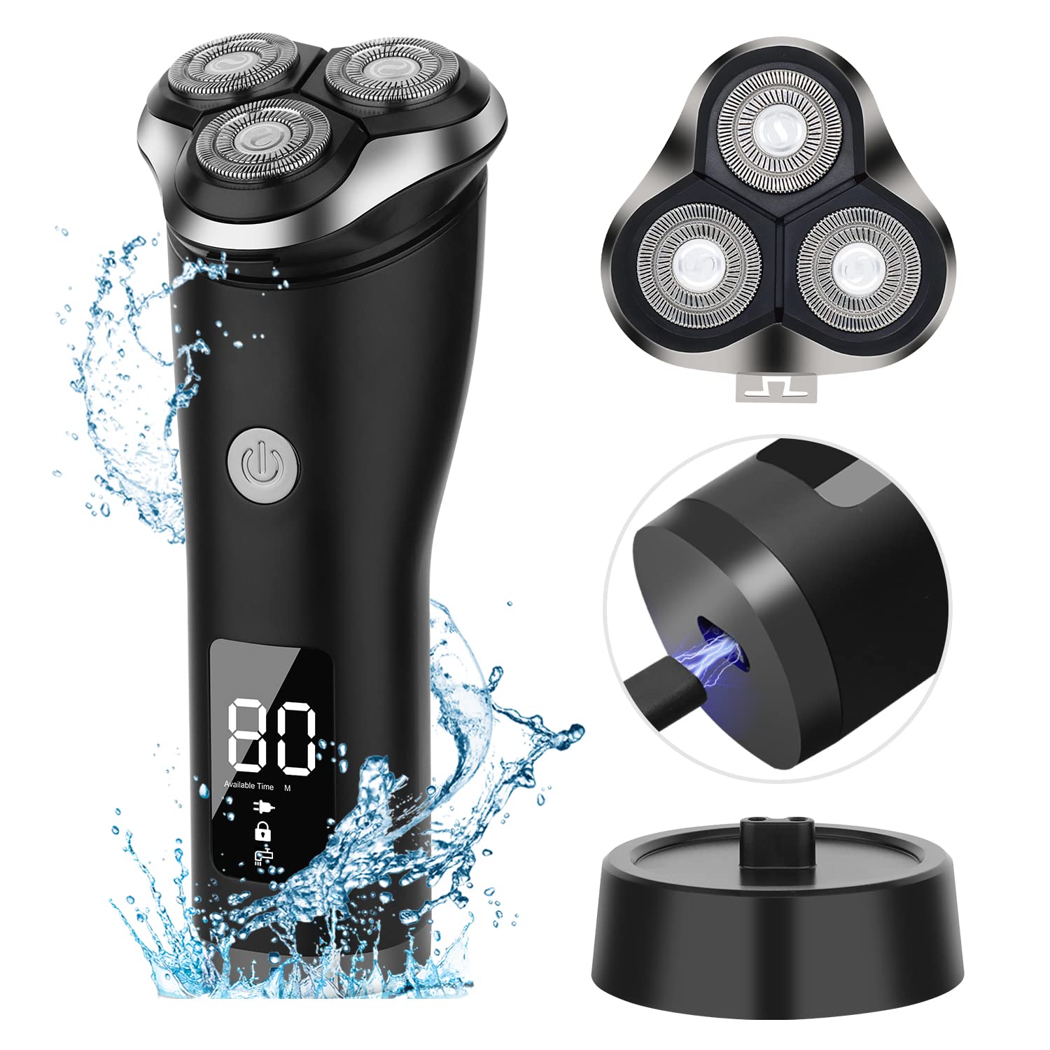 HIENA PRO Electric Rotary Shavers for Men Cordless Rechargeable Beard Shaver, Black Waterproof Electric Razor with Led Display for Dry and Wet (Black)