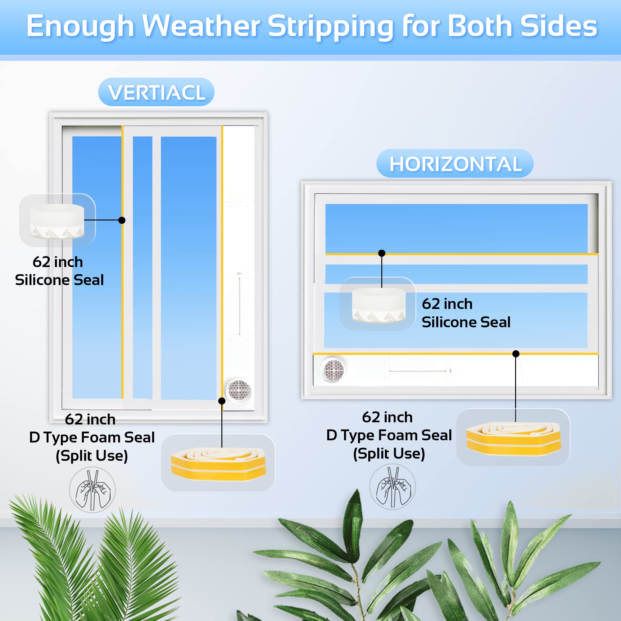 Garfine Portable AC Window Seal Kit Compatible with 5.9 inch Hose, Max Length 52.3”, Window Vent Kit with Vent Screen, 2 Types of Weather Stripping and Window Lock for Window & Patio Sliding Door