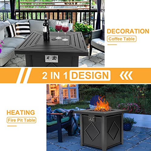 Gas Fire Pit Table, hOmeHua 28 inch Square Auto-Ignition Outdoor Propane Firepit with Cover and Lava Rock,Thick & Strong Striped Steel Tabletop,2 in 1 Fire Table for Patio/Backyard/Party/Deck (Black)