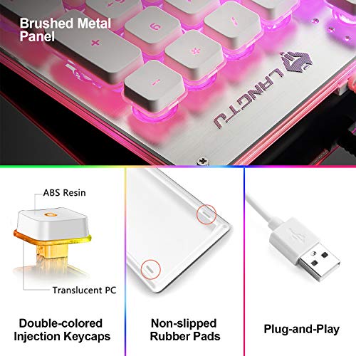 LANGTU Membrane Gaming Keyboard, Rainbow LED Backlit Quiet Keyboard for Office, USB Wired All-Metal Panel 25 Keys Anti-ghosting Computer Keyboard 104 Keys - L1 White/Silverā¦