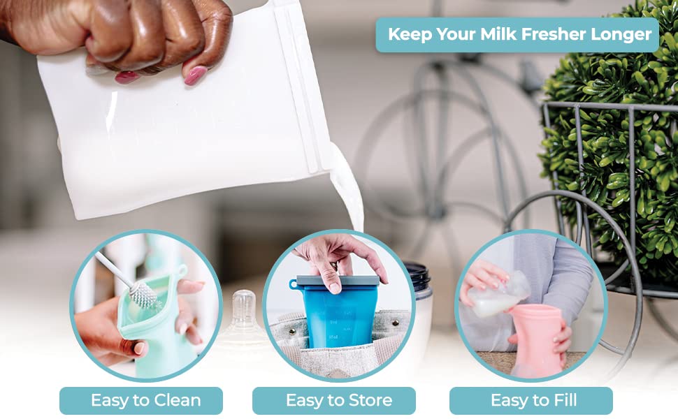 JUNOBIE Bag 4-Pack (Pink, Mint, Gray) | Reusable Breastmilk Storage Bags (As Seen on Shark Tank) | Milk Storage Container