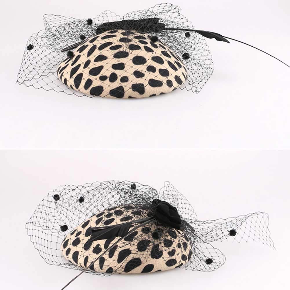 F FADVES 100% Australian Wool Pillbox Hat Black Veil Fedora Lepoard Print Fascinator