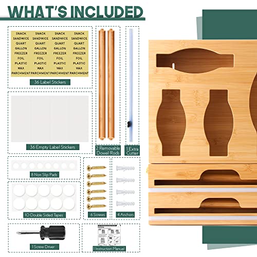 TRENDYYA 6in1 Ziplock Bag Organizer for Drawer and Wall, Baggie Organizer for Drawer & Foil and Plastic Wrap Organizer For Gallon,Quart,Snack,Sandwich Bag & Wrap Rolls of 12.5"