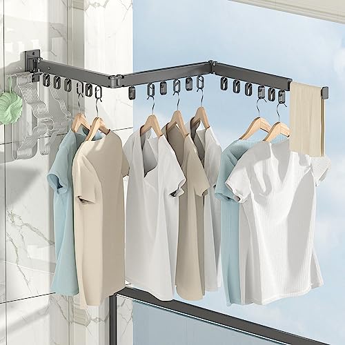 Mbillion Tri Folding Clothes Drying Rack with Extended Arm 48'' Long,Laundry Drying Rack,Wall Mounted Drying Racks for Laundry with Ring Type Hooks Heavy Duty, for Balcony,Laundry,Bathroom, Grey