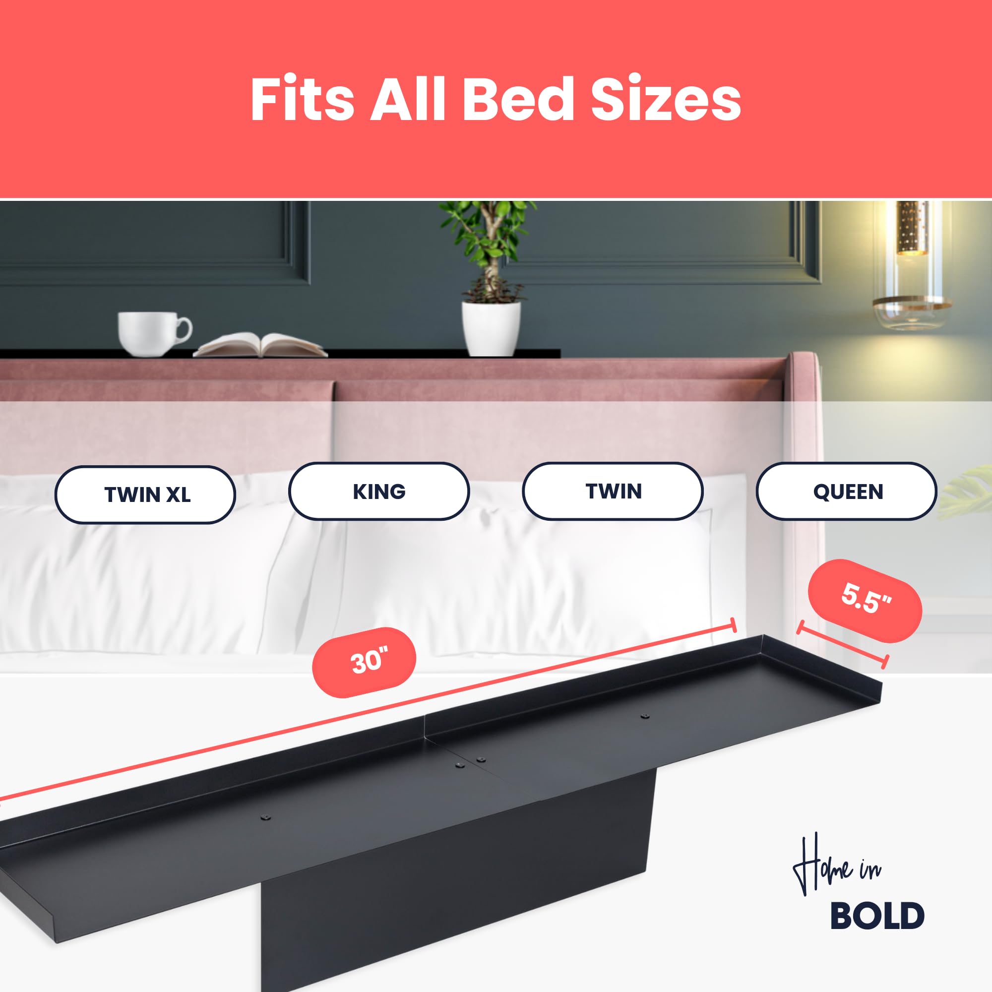 No-Screws Bed Headboard Shelf Attachment - METAL Twin, King, Queen Headboard Shelf - Renter Friendly Over Bed Storage Shelf for Bed - Dorm Headboard Shelf - Headboard Shelf King Headboard Shelf Queen