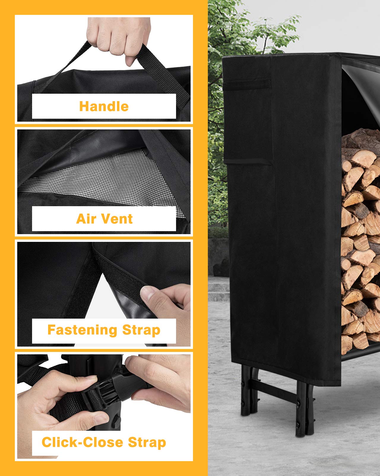 GASPRO Firewood Rack Indoor and 4FT Firewood Rack Outdoor with Cover, 5 Pcs Wrought Iron Fireplace Tools and Log Holder for Fireplace, Wood Stove, Hearth, Fire Pit, Sturdy and Easy to Assemble