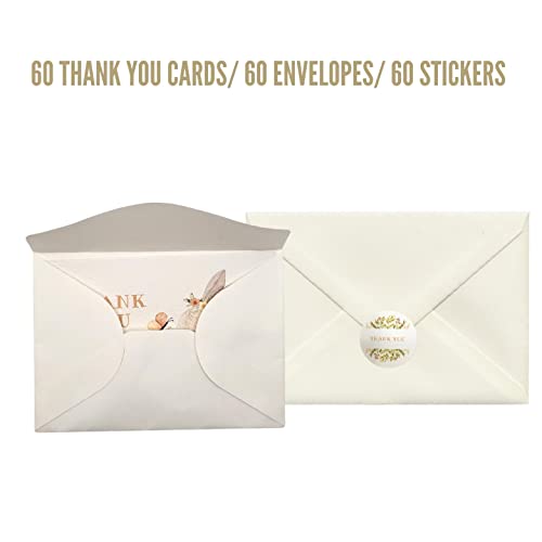 Generic Baby Shower Thank You Cards with Envelopes and Stickers, 60 Pieces, White, 4''x6''
