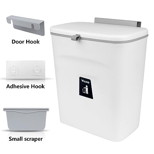VIGIND 9L/2.4 Gallon Hanging Trash Can for Kitchen Cabinet Door with Lid, Small Under Sink Garbage Can,Trash Bin for Bathroom, Wall Mounted Counter Waste Compost Bin, Plastic  (White)