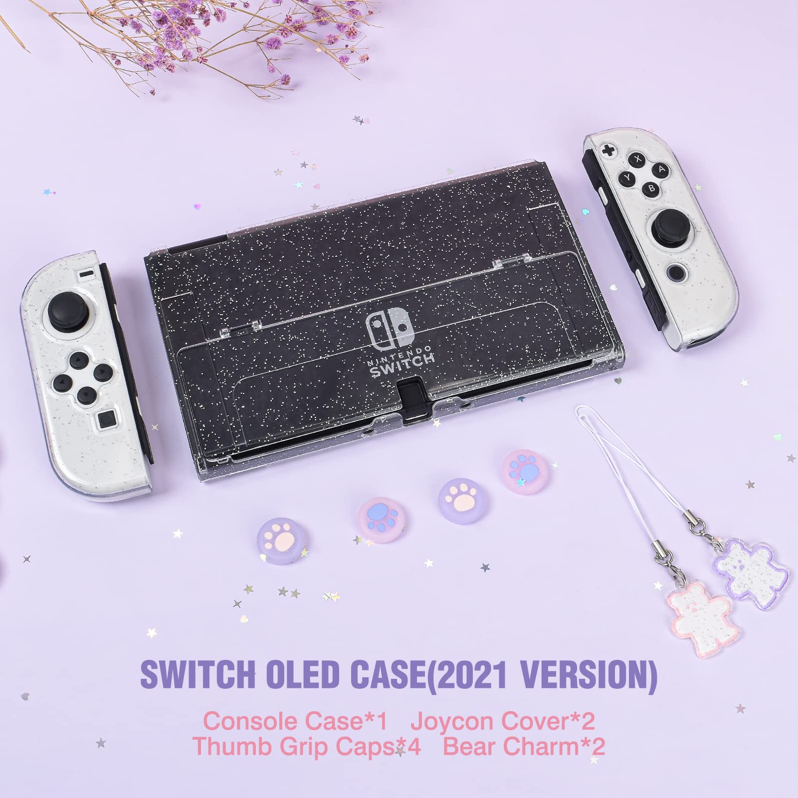 DLseego Glitter Theme Switch OLED Case Set Bling Protective Dockable Crystal Cover with Pink & Purple Shiny Cat Claw Thumb Grips and Sparkly Bear Charm