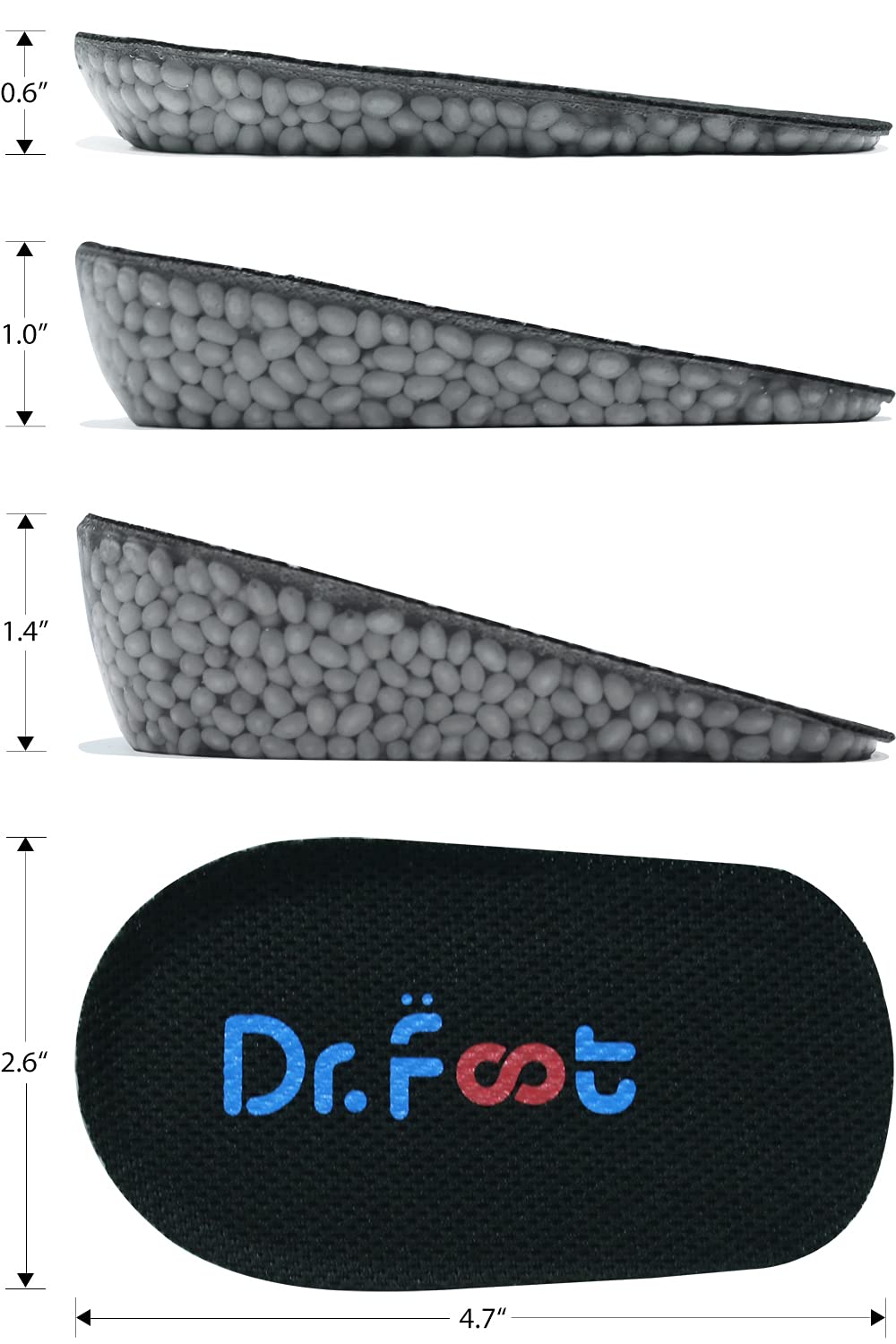 Dr. Foot's Height Increase Insoles, Heel Cushion Inserts, Heel Lift Inserts for Leg Length Discrepancies (0.6" Height, Black)