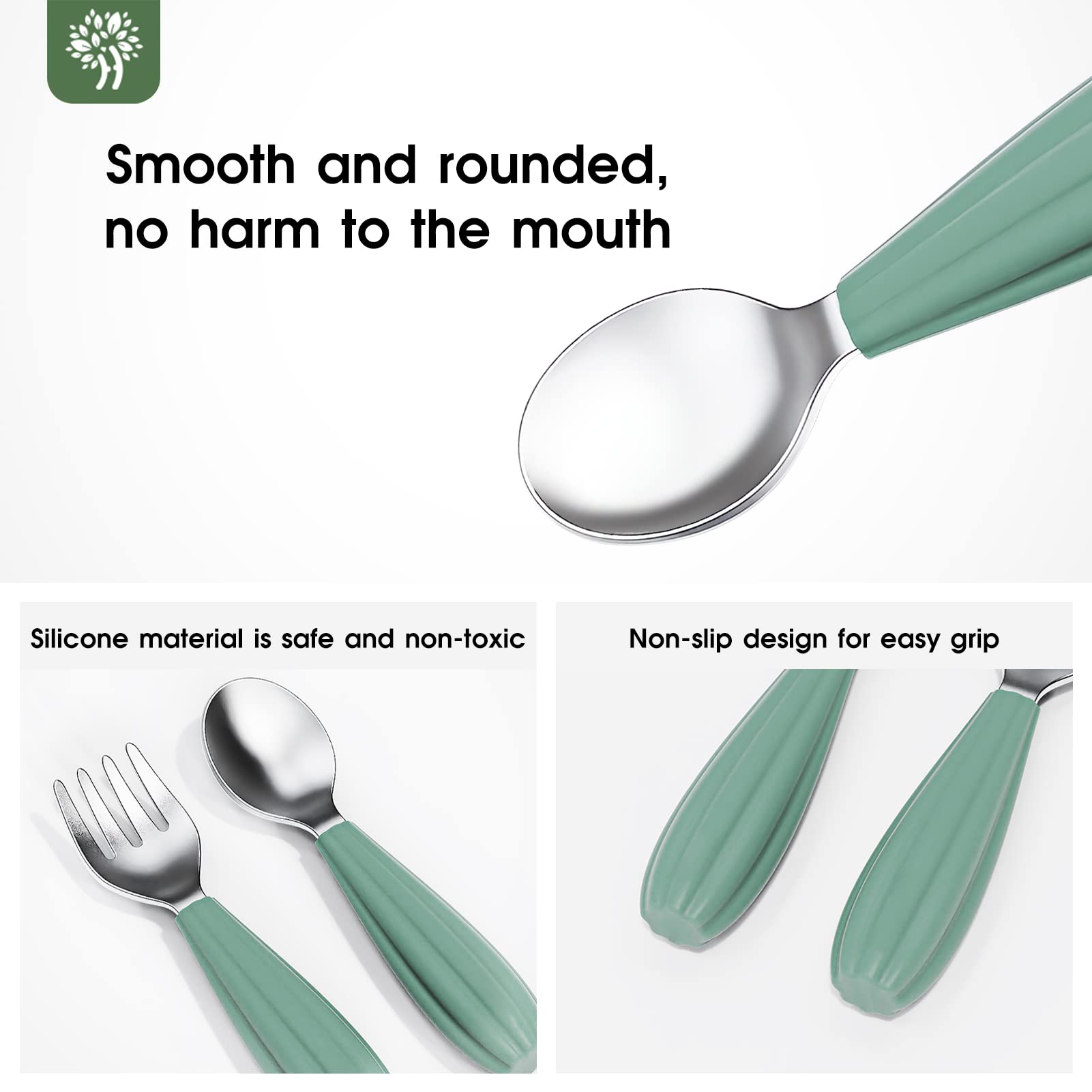 Hippywell Toddler Utensils, 6PCS Toddler Forks and Spoons Set, Kids Silverware Set with Silicone Anti-Choke Handle, Self-Feeding Toddler Utensils, Children Safe Flatware, Green/Khaki/Blue