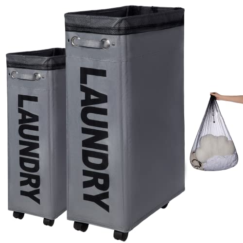 TWIRA 27.5”X-Large Rolling laundry basket with Removable Wash Bag on Wheels (4 Colors), Collapsible Slim Laundry Hamper,Foldable Corner Storage Bins (Dark Grey)