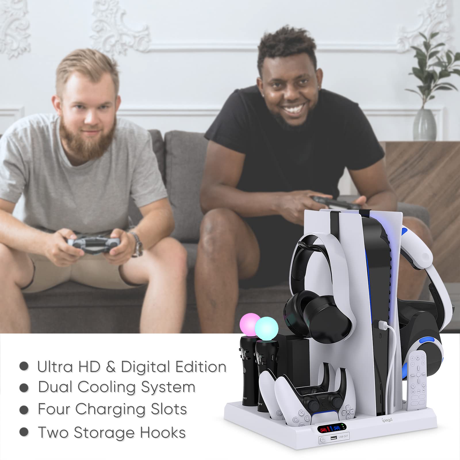 FYOUNG Upgrade Vertical Stand for PS5 with Cooling Fan and Controller Charging Station, Display Charging Stand for PSVR Playstation with Headst Holder, Game Storage Organizer&Remote Control Slot