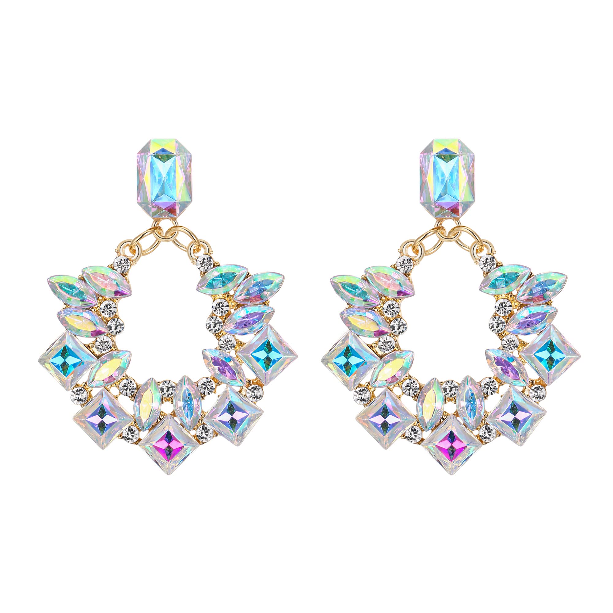 Flyonce Rhinestone Oval Hoop Dangle Earrings, Austrian Crystal Geometric Statement Pierced Earrings Iridescent Clear AB