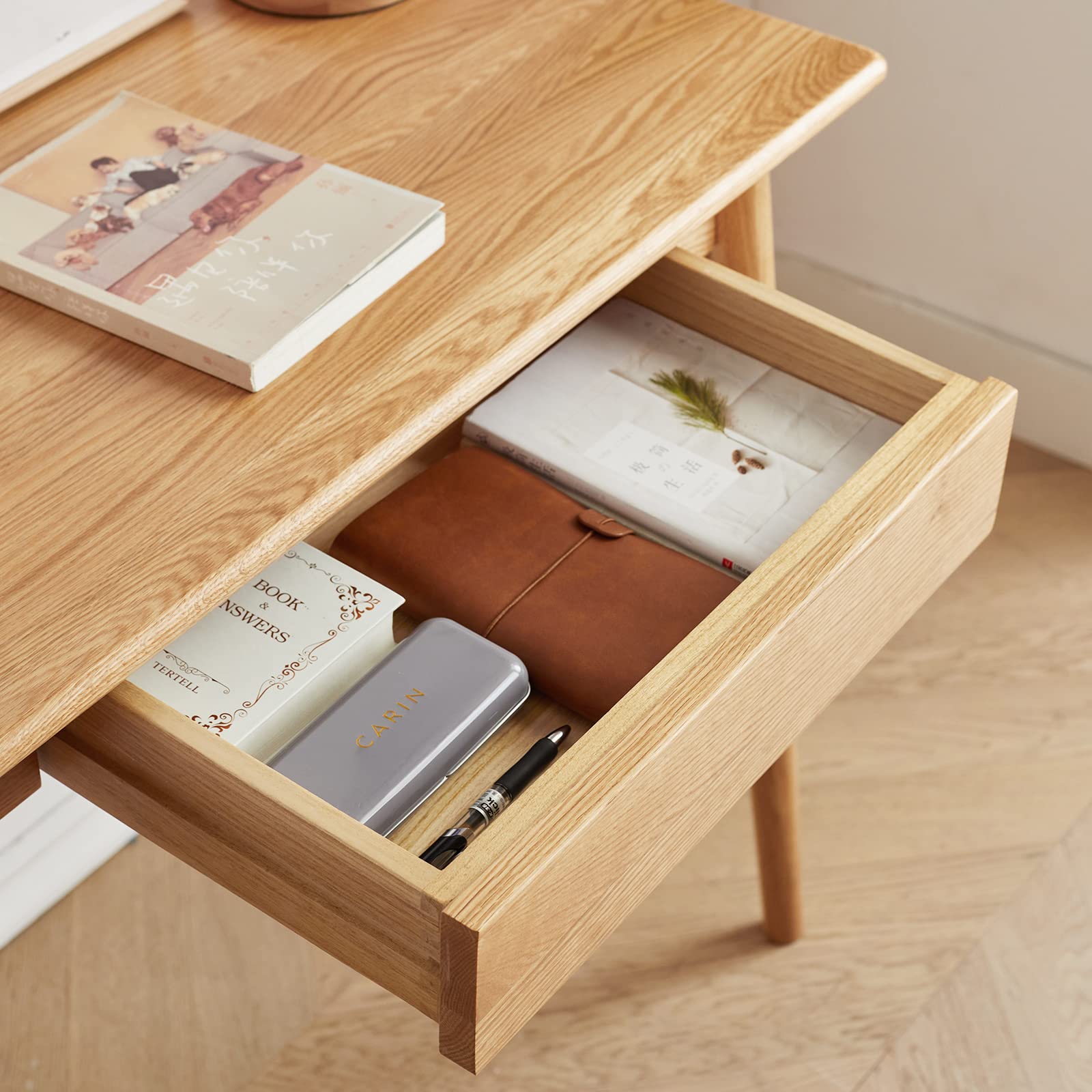 HomSof 100% Solid Wood Natural Wood Computer Desk Study Desk Oak Natural Wood PC Desk Work Desk Dressing Table Slim Solid Wood with Drawer Simple, 31.5" Lx 19.7" W x 30" H