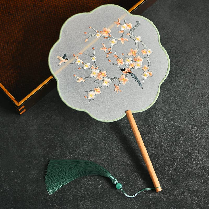 DTBBKsy Chinese Style Classical Ancientry Long Handle Double Sided Embroidery Machine Embroidery Circular Fan Han Chinese Clothing Hand Fan Folding Fan (Color : A)