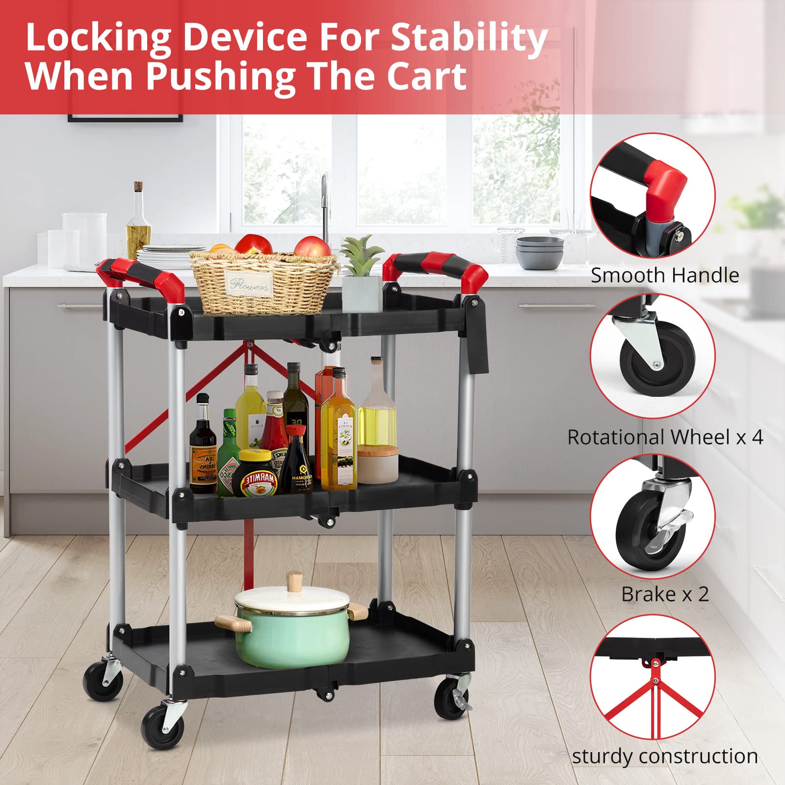 Garvee Mobile Folding Trolley, Portable Service Cart, 3 Tier Utility Cart, Collapsible Utility Carts for Office, Warehouse, and Home, 56 Lbs Load Capacity per Shelf