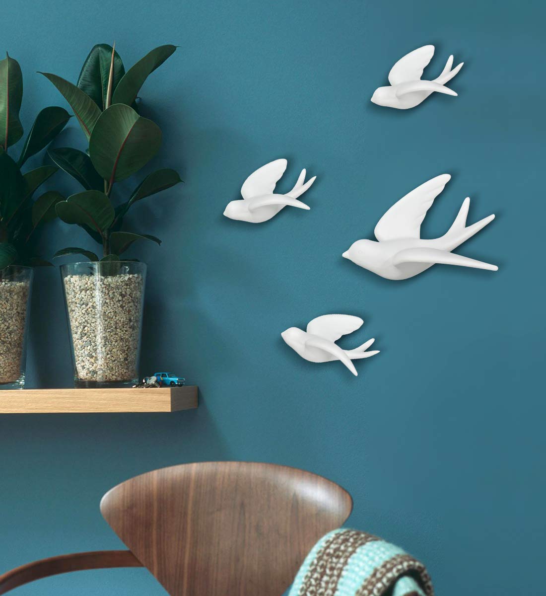 FANWNKI Ceramic Flying Birds Sparrows Wall Mount Hanging Decor-White-2Pack,Left