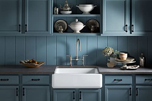 KOHLER K-6487-0 Whitehaven Farmhouse Self-Trimming 29-11/16" x 21-9/16" x 9-5/8" Front Undermount Single-Bowl Kitchen Sink with Tall Apron, 30 Inch, White