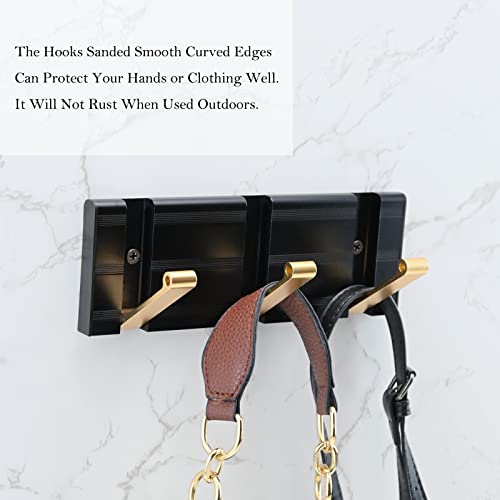 Potaosey Black Gold Wall Coat Rack, Modern Wall Mounted Coat Rack with 3 Hook,Folding Wall Hooks Rack for Bathroom, Bedroom, Entryway,Coat,Hat