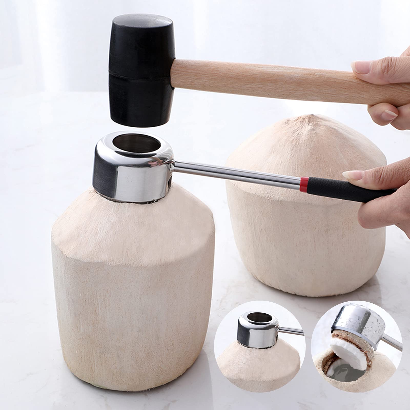 FengWu Coconut Opener Tool Set Food Grade Stainless Steel Coconut Opener Kit for Young Coconut Coco Jack Opener Kit with Stainless Steel Scraper, Coconut Hole Maker Puncher, Rubber Hammer (4pcs)