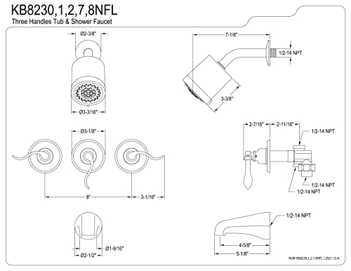 Kingston Brass KB8238NFL French Tub and Shower Faucet with 3 Nuwave Handle, Brushed Nickel