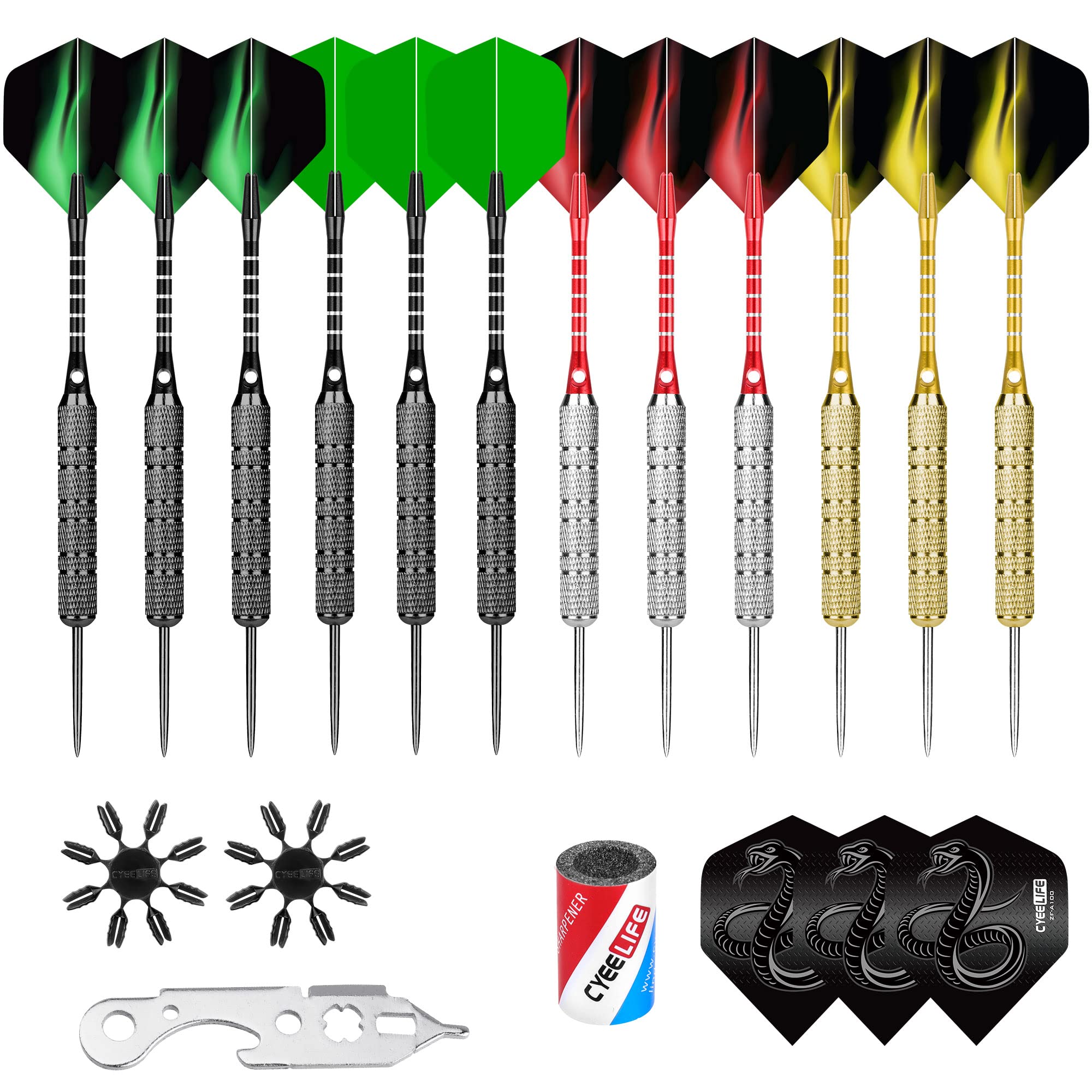 CyeeLife 12Packs Steel tip Darts 20g with Aluminum Shafts+15 Flights+Sharpener+Tool for 4 Beginner Players