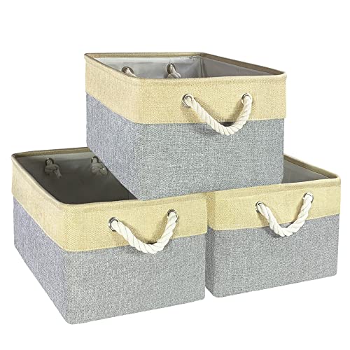 Large Fabric Storage Baskets for Organizing, Linen Closet Organizer and Storage Basket for Shelves, Collapsible Storage Bins with Rope Handles Decorative Storage Boxes For Gifts Empty Nursery Clothes Grey