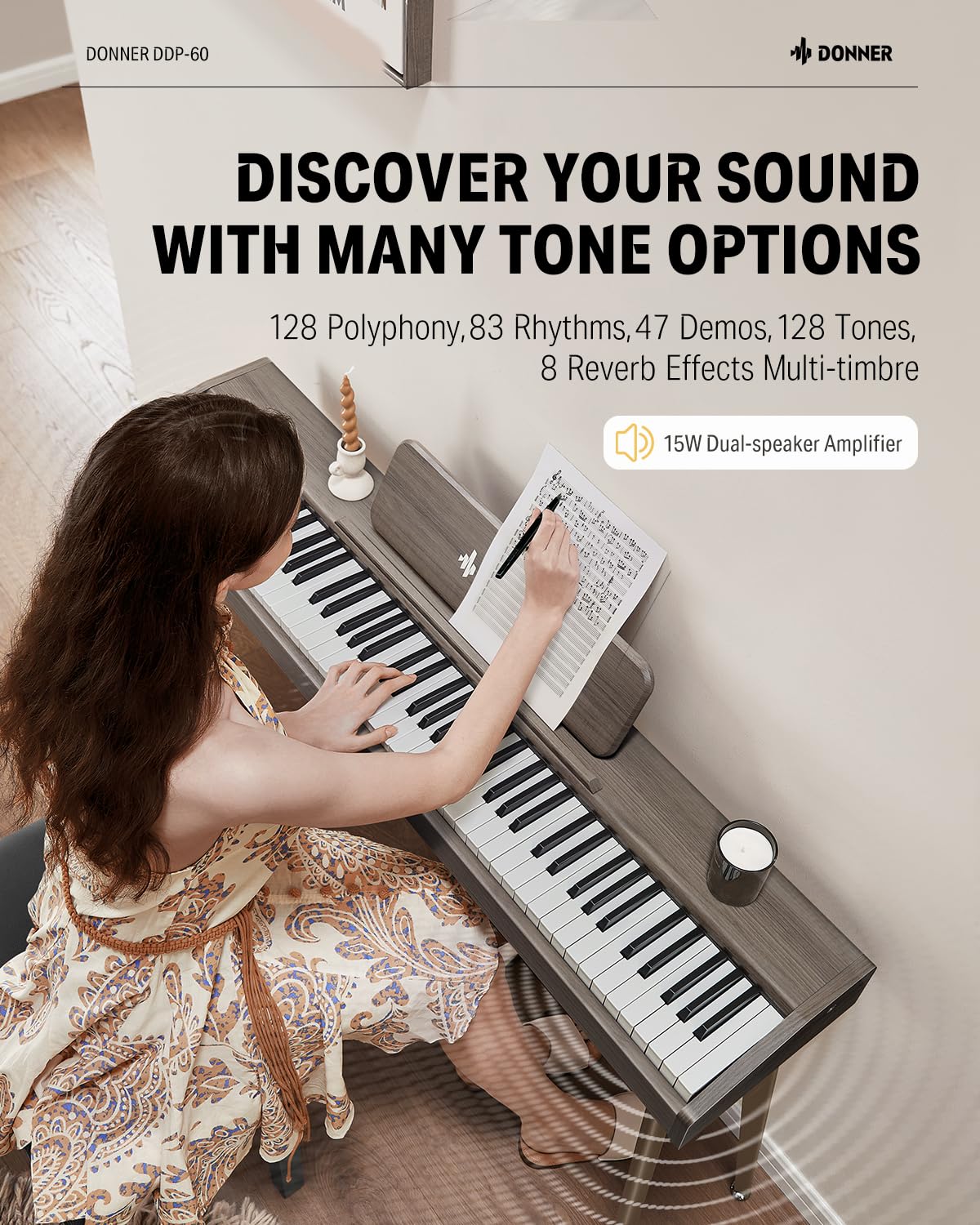 Electric Keyboard Piano 61 Keys, Donner SD-10 Portable Piano Keyboard for Beginners with 300 Tones & Rhythms, 40 Demos, LCD Screen, Dual Power Supply Modes, USB-MIDI, Black
