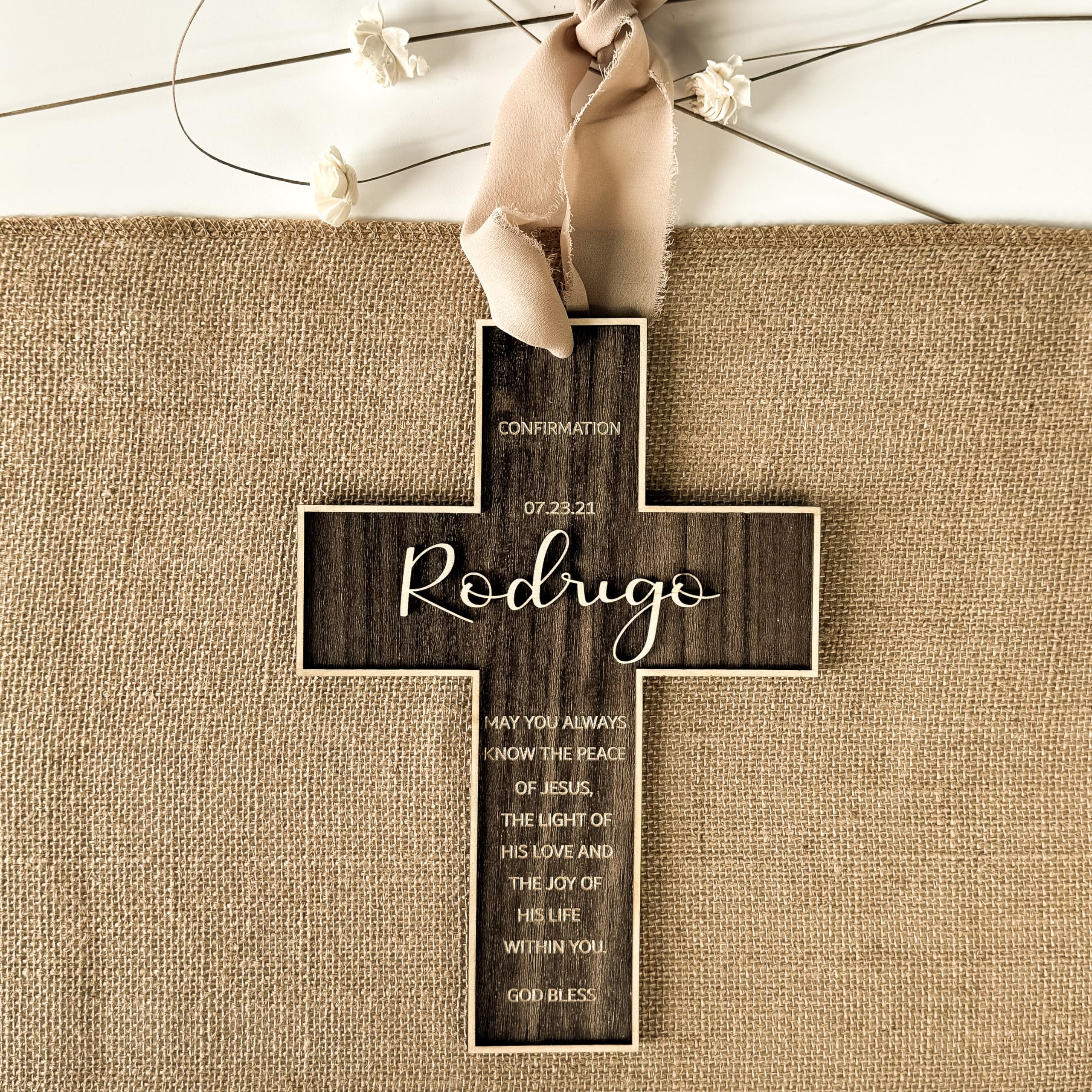 Personalized Engraved Wood Cross, Christian Wooden Cross for Baptism, Holy Communion, Confirmation or Newborn Gift Keepsake with Custom Name and Date with Message (Walnut)