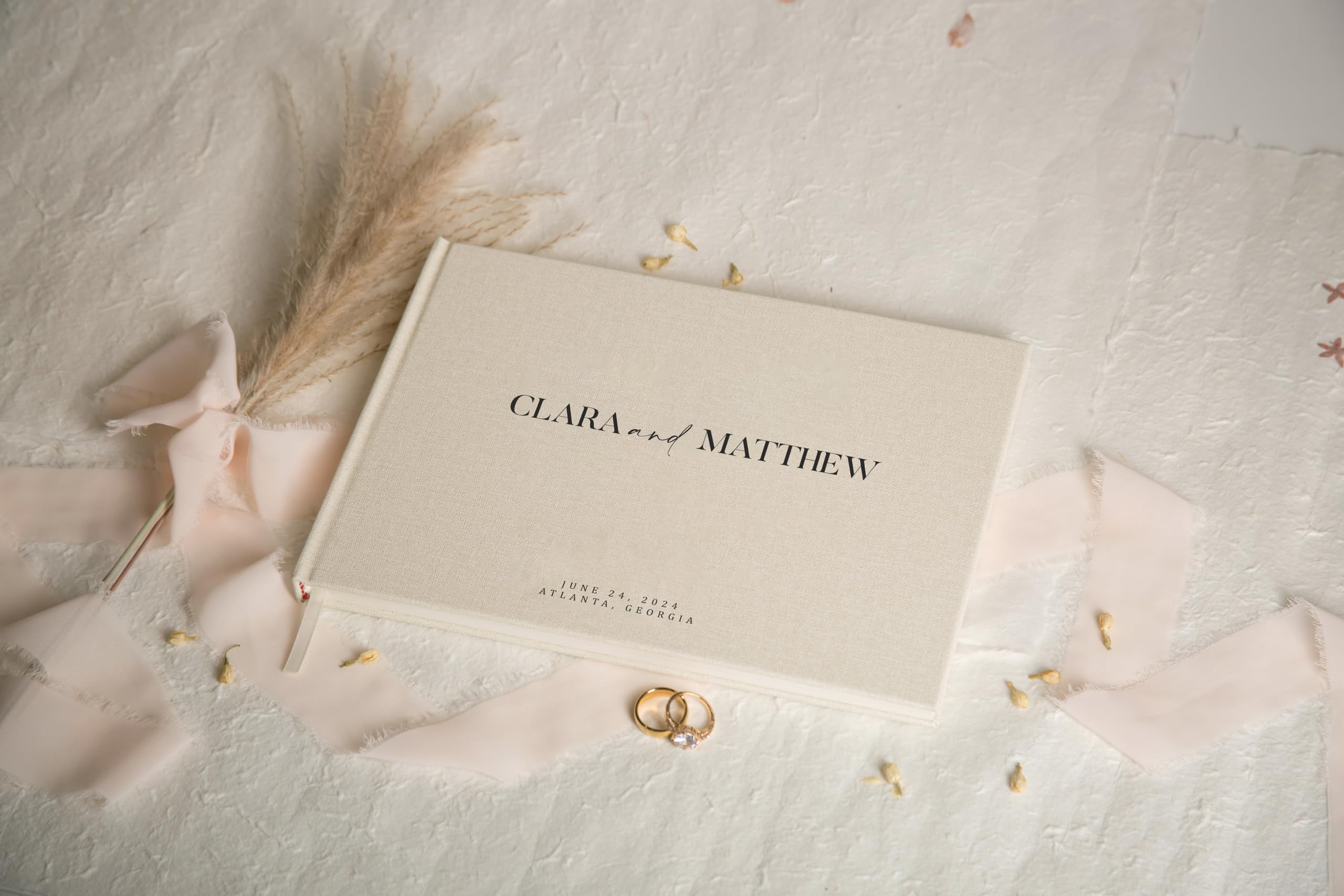 Personalized Guest Book - 11.5" x 8.5" Premium Custom Guest Signing Book with Bookmark and Blank Pages for Wedding Reception Table Decoration Engagement Birthday Party Event, Cream