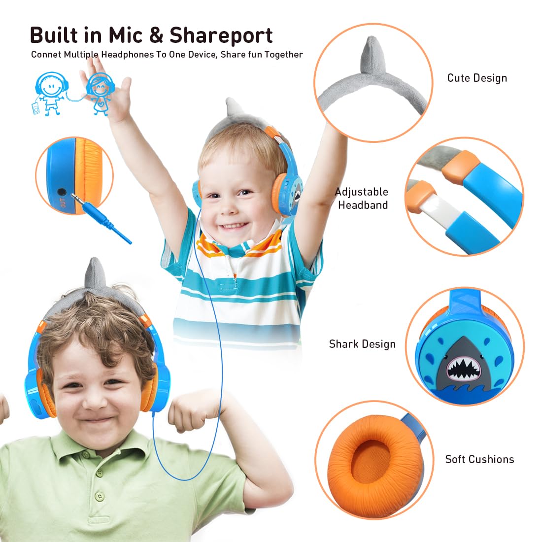 JBUNION Kids Bluetooth Headphones Toddler Wireless/Wired Headphone with MIC Bluetooth 5.3 Stereo Sound Sharing Function Adjustable 85dB Safe Volume Limited SD Card Slot Kid Headset for Home School