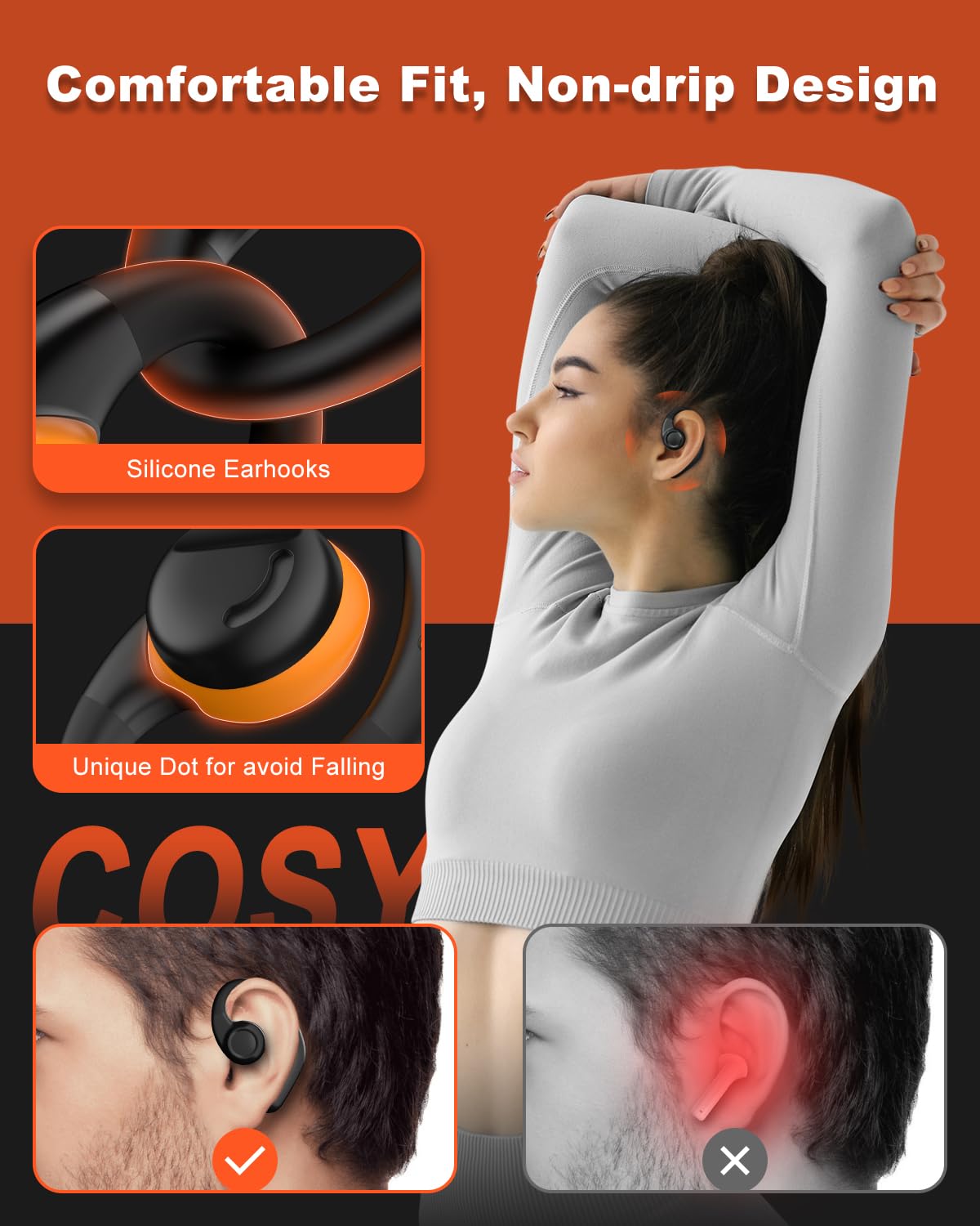 Jzones Open Ear Headphones Wireless Bluetooth 5.2, Open Ear Earbuds with Dual 16.2mm Dynamic Drivers 60 Hours Playtime Waterproof Sport Earbuds for Android iPhone TV