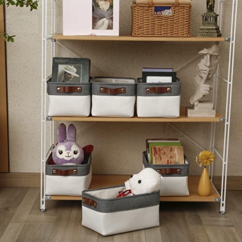 FENQDOOU Storage Bins[6 Pack], Collapsible Fabric Storage Baskets with Handles for Cupboards, Wardrobe, Shelves, Bathroom, Clothes, Toys, Towel (11.8 x 7.8 x 5.9 inches, Gray/ White)