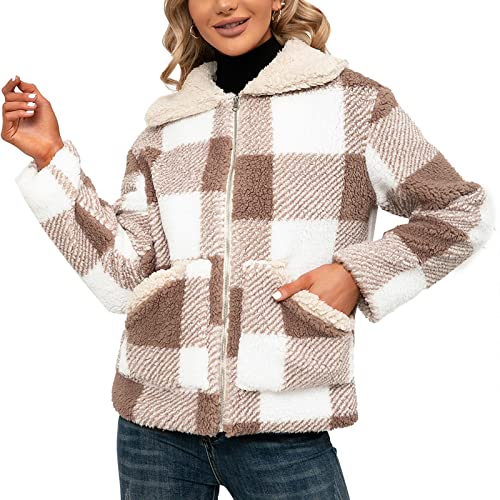 FMCHICO Womens Pullover Fuzzy Fleece Sweatshirt Oversized Hoodie With Pockets Khaki