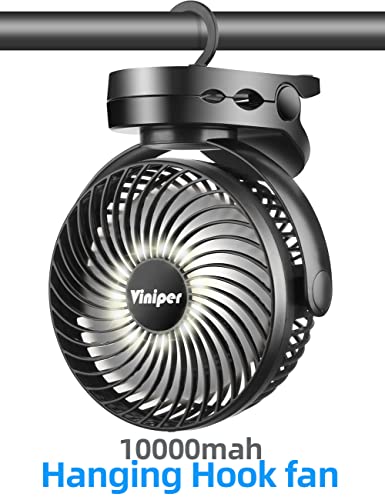 Viniper 6 inch Rechargeable Clip Fan with LED Light, 10000mah Battery Camping Hanging Fan : 360° Rotation, 3 Speeds, Also Use As Power Bank, Tent Personal Fan with Hanging Hook - Black