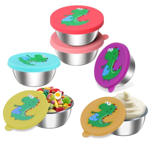 Medxin Salad Dressing Containers To Go, Lightweight Stainless Steel Condiment Containers with Dinosaurs Cartoon Leak Proof Silicone Lids, Reusable Snack Containers [6 PCS]