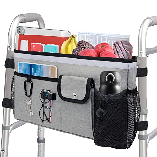 TYTCA Large Walker Bag Walker Basket Hand Free Storage Bag Folding Walker Attachment Handicap Basket Pouch for Large Capacity Organizer for Seniors Elderly (Grey)