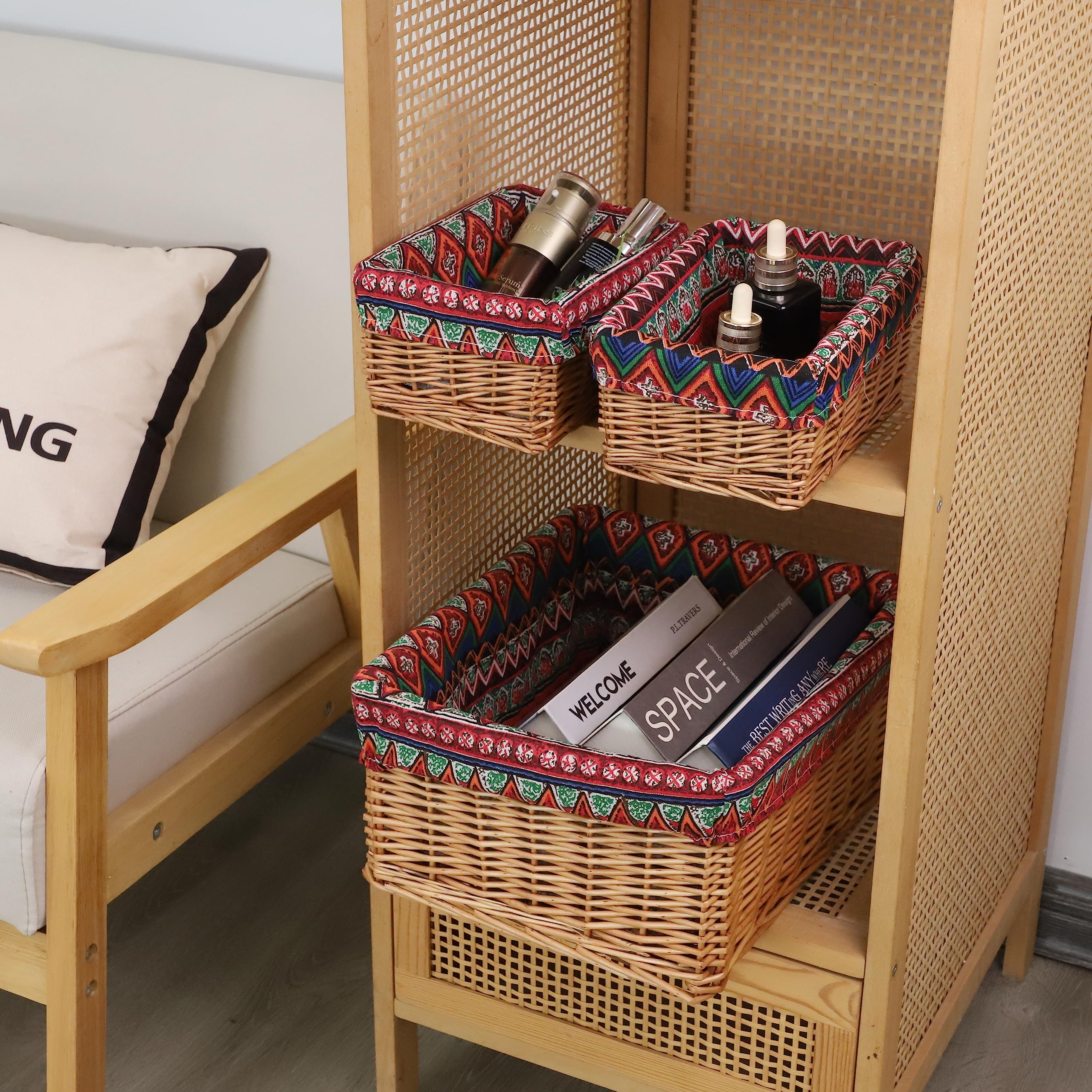JLKIMZVO Rectangular Storage Basket Hand woven Wicker Nested Baskets Combination Shelf Storage Basket Detachable Lining Suitable for Wardrobes, Bedrooms, Bathrooms, Hallways,Offices