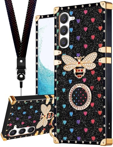 Loheckle for Samsung Galaxy S23 Plus Case for Women, Designer Square Cases for Samsung S23 Plus Case with Ring Stand Holder and Lanyard, Stylish Bees Luxury Cover for Galaxy S23+