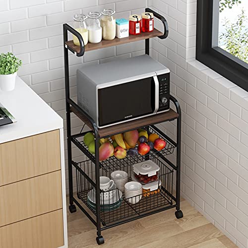Gdrasuya10 Kitchen Baker's Rack Microwave Stand Cart on Wheels 4 Tier Shelves with Large Metal Baskets Utility Storage Shelf Rolling Cart Fruit Vegetable Kitchen Organizer Rack