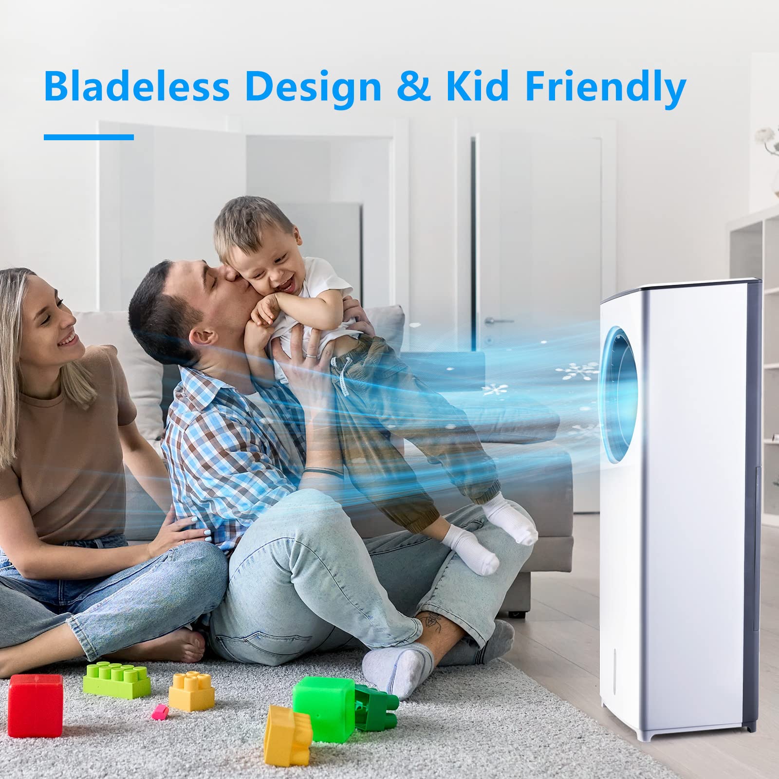 Evaporative Air Cooler-3-in-1 Portable Air-Cooling Fan, Instant Cool & Humidify with 3 Speeds, 8H Timer, 3 Modes, No Noise Tower Fan, No Dust, Bladeless Fan for Large Room Office (White)