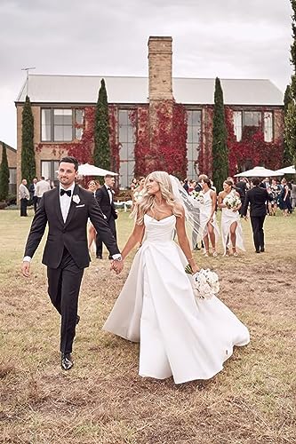 Strapless Wedding Dresses for Bride 2023 Simple Satin Wedding Dress with Slit Ivory Ball Gown for Women Size 14
