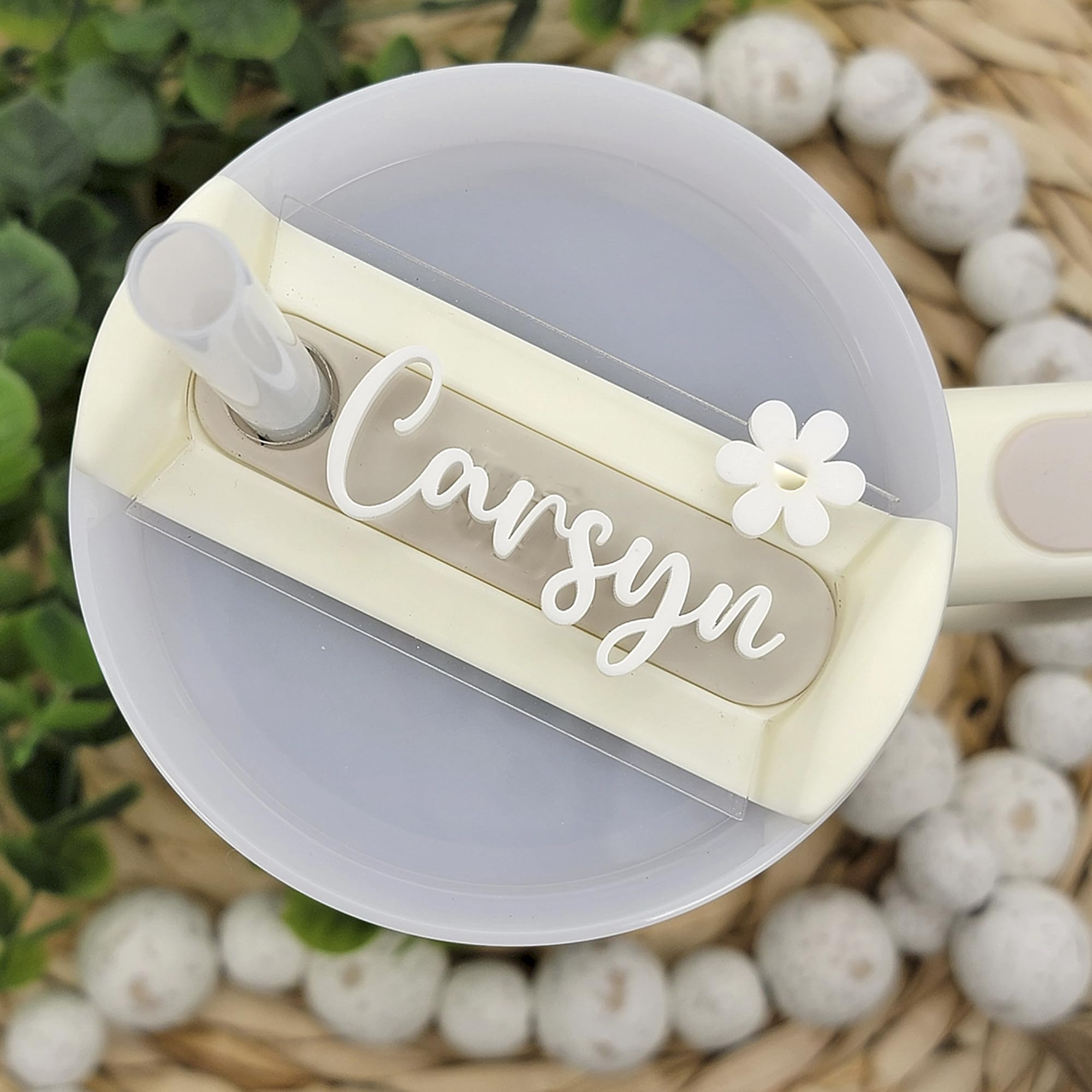 Personalized Stanl-y Tumbler Name Plates, Small Flower Raised Lettering Stanl-y Cup Name Plate for Lid, Custom Acrylic Stanl-y Name Tag for Quencher H2.0 14 20 30 40 Oz, Tumbler Lid Topper