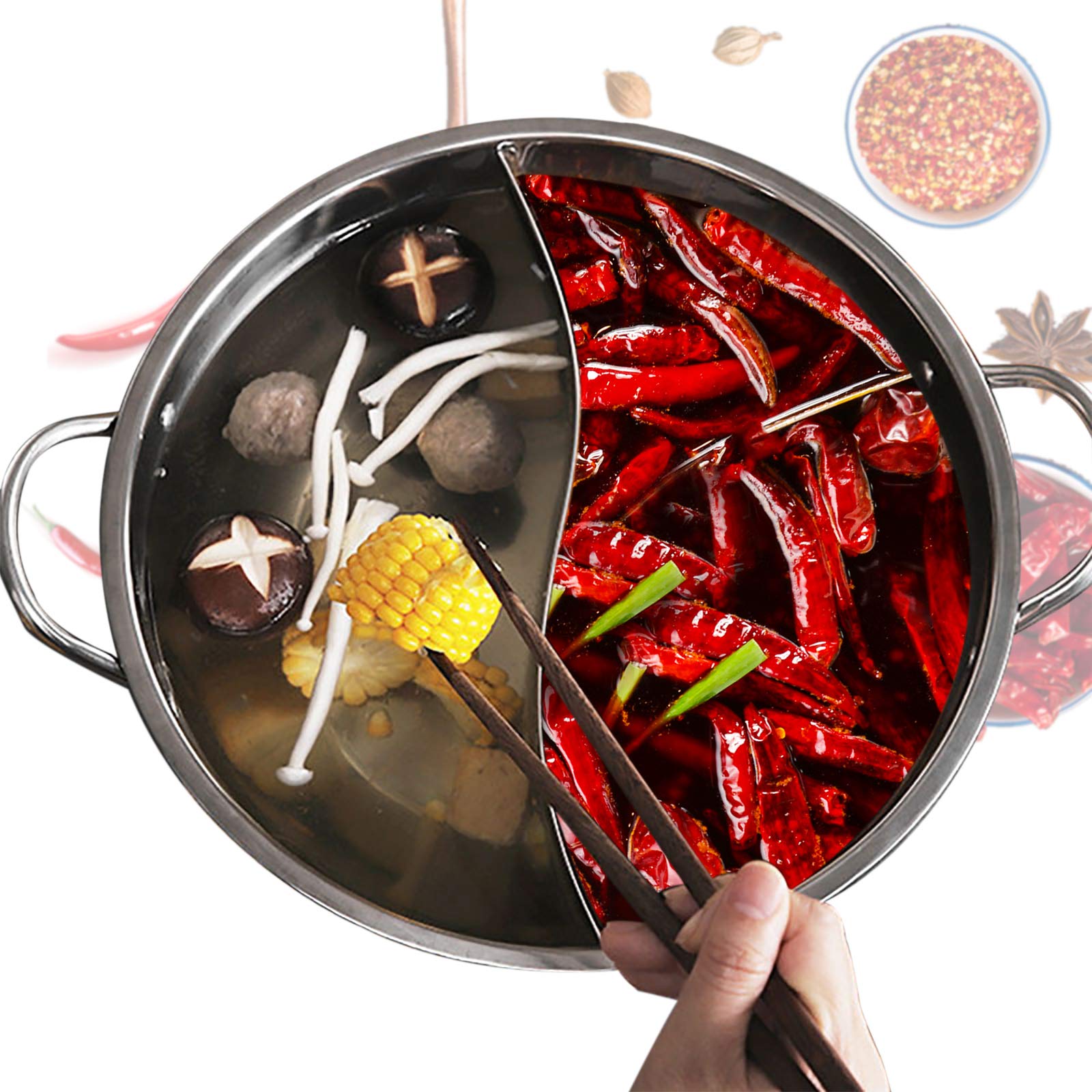 Gdrasuya10 Shabu Hot Pot, 12" Stainless Steel Pot Dual Site Divider with Glass Lid for 2-5 People