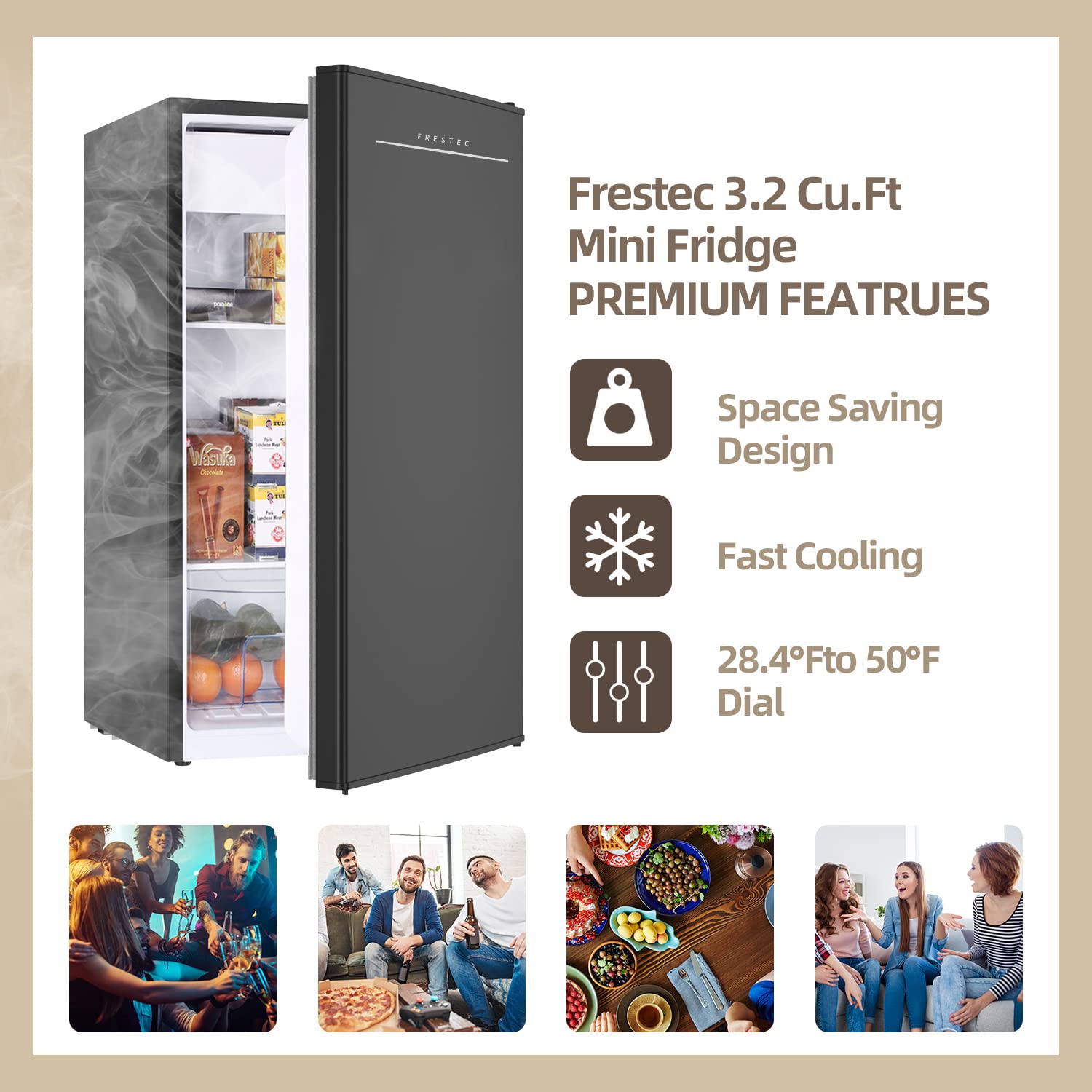 Frestec 3.2 Cu.Ft. Small Refrigerator with Freezer, Mini Fridge for Bedroom, Mini Dorm Refrigerator, One-Touch Defrosting System, Energy Saving, for Office, Home, Apartment (Black)