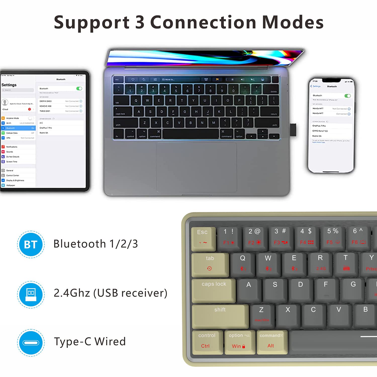 K206 Mini Bluetooth Wireless Mechanical Keyboard, 2.4G Wireless/ Bluetooth/ Wired Gaming Keyboard, 61 Keys RGB Hot Swappable Gaming Keyboard with LED Backlit, Red Switch for Win/Mac (Retro Grey)