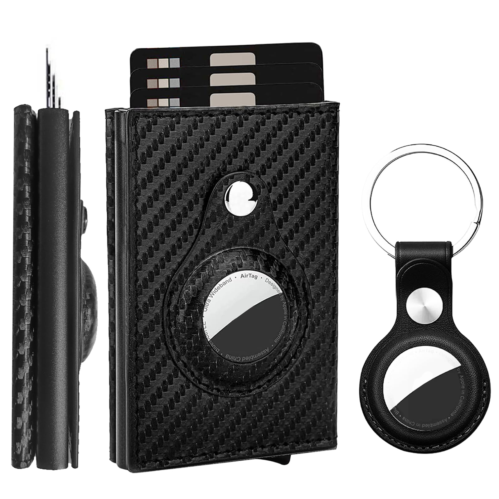 elzama AirTag Wallet Men with Airtag Holder, Slim Carbon Fiber Pop Up Cardholder Wallet with ID Window, RFID Blocking & Air Tags Keychain (Apple AirTag Not Included)