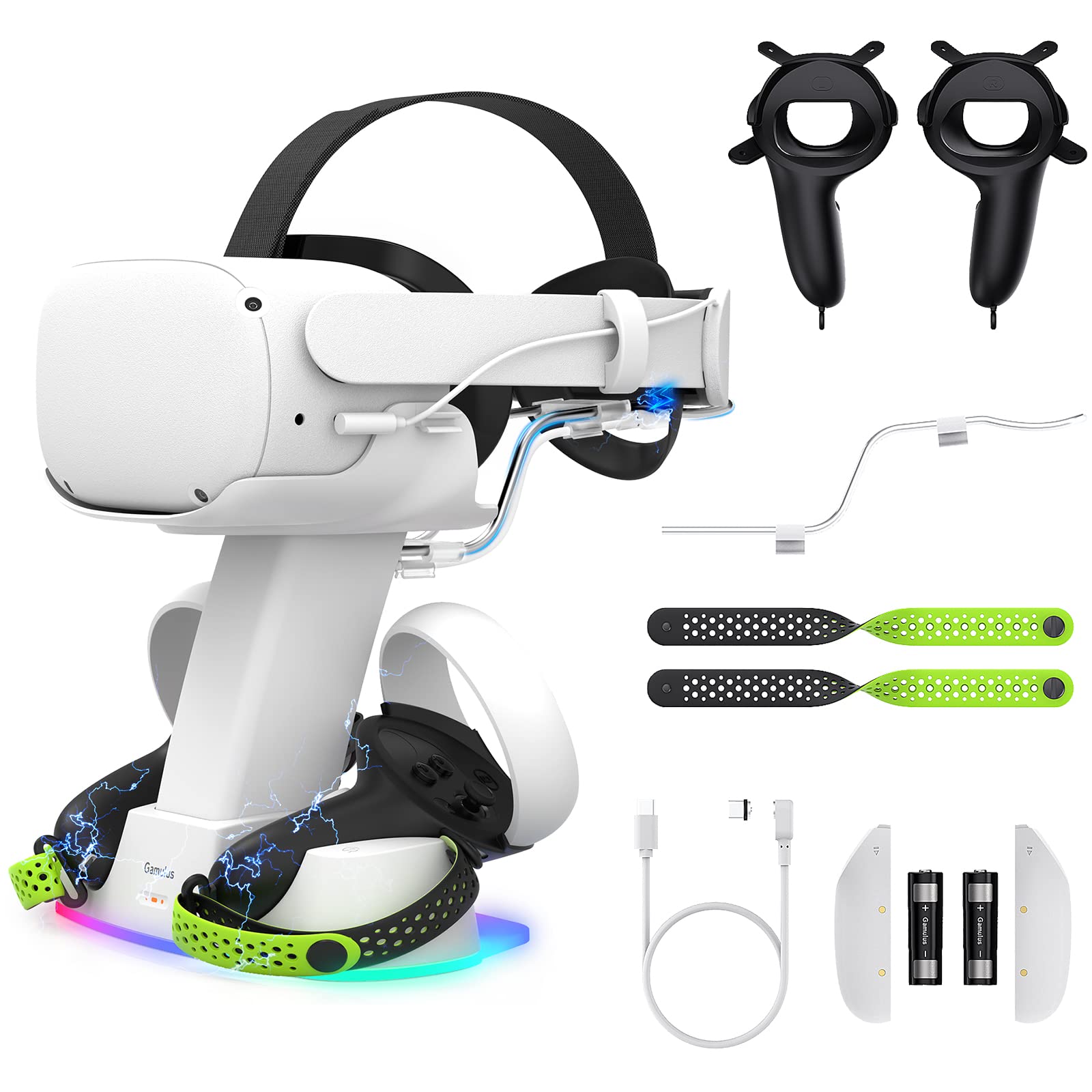 Gamulus RGB Charging Dock for Meta Quest 2, Support Elite Strap with Battery and Controller with Grips, Headset & Controllers Magnetic Charging Station Stand w/ 2200mah Batteries, 7 Lighting Modes