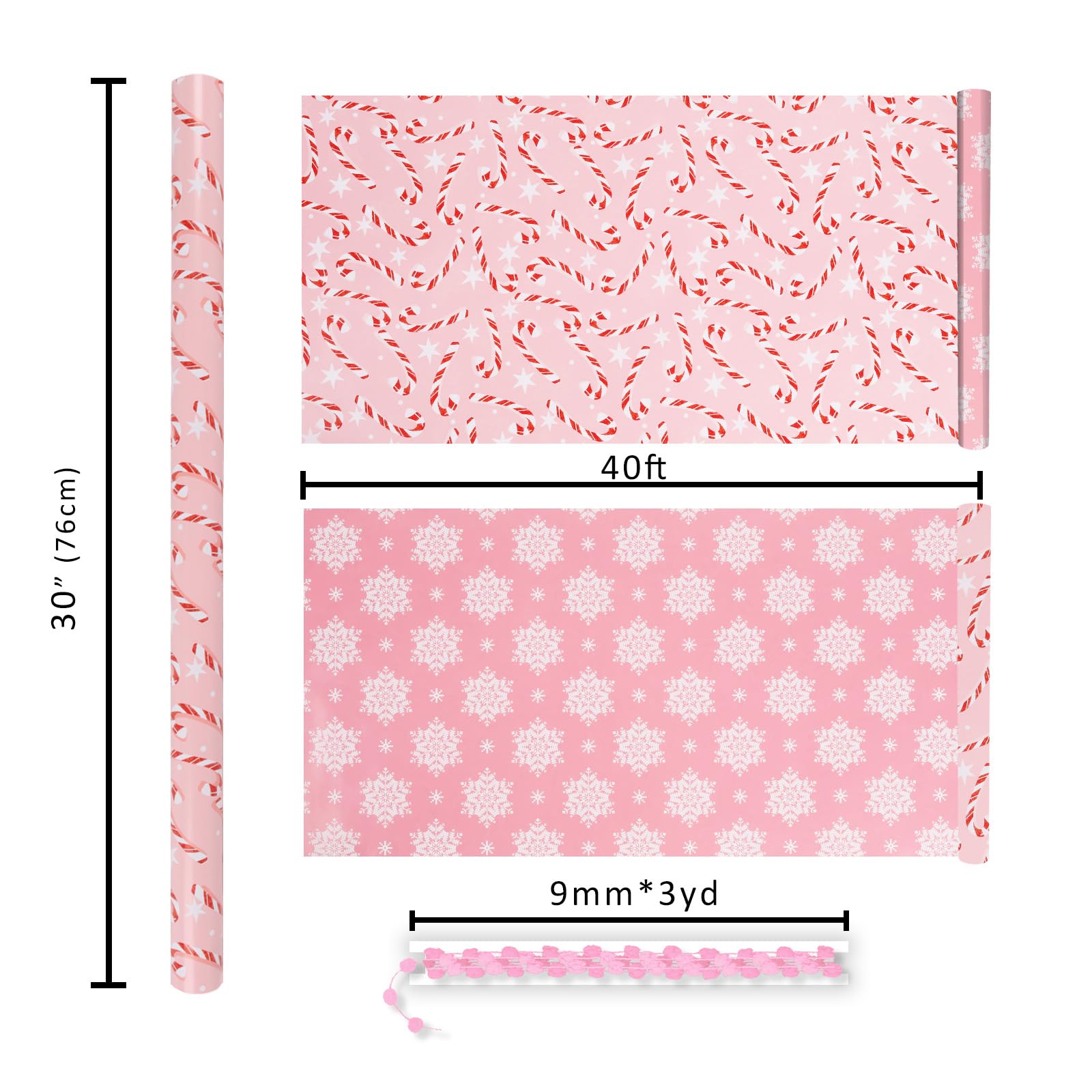 LaRibbons Reversible Christmas Wrapping Paper Jumbo Roll with Pink Pom Pom, Classic Candy Cane/Snowflake Gift Wrap Set for Christmas, Party, Holiday Celebration, 30 Inch × 40 Feet (100 sq. ft. ttl.)